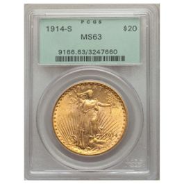 1914-S PCGS MS-63 $20 St. Gaudens Double Eagle Gold Coin - Old Green Holder Lowest Prices